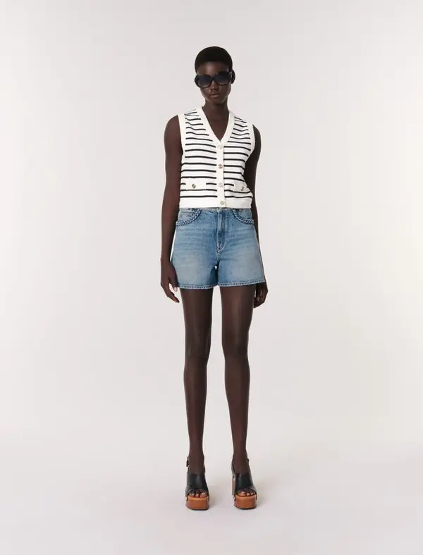Maje Sleeveless Striped Cardigan - Navy / Ecru