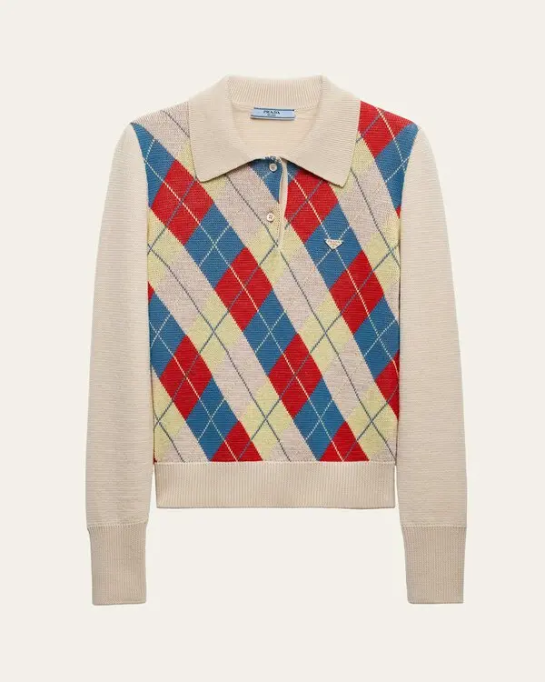 Prada Jacquard Argyle Wool Polo Sweater