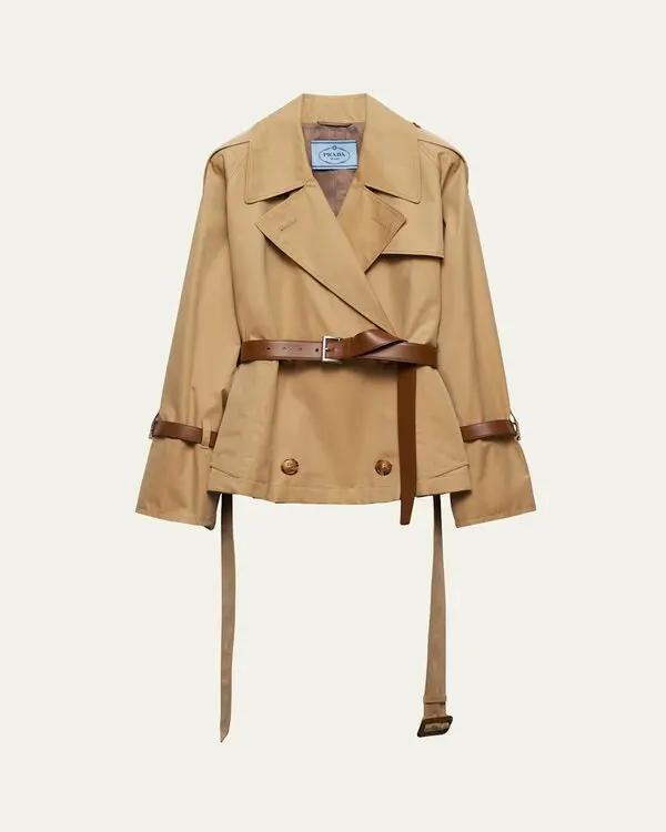 Prada Short Twill Trench Jacket With Leather Belt - Miele