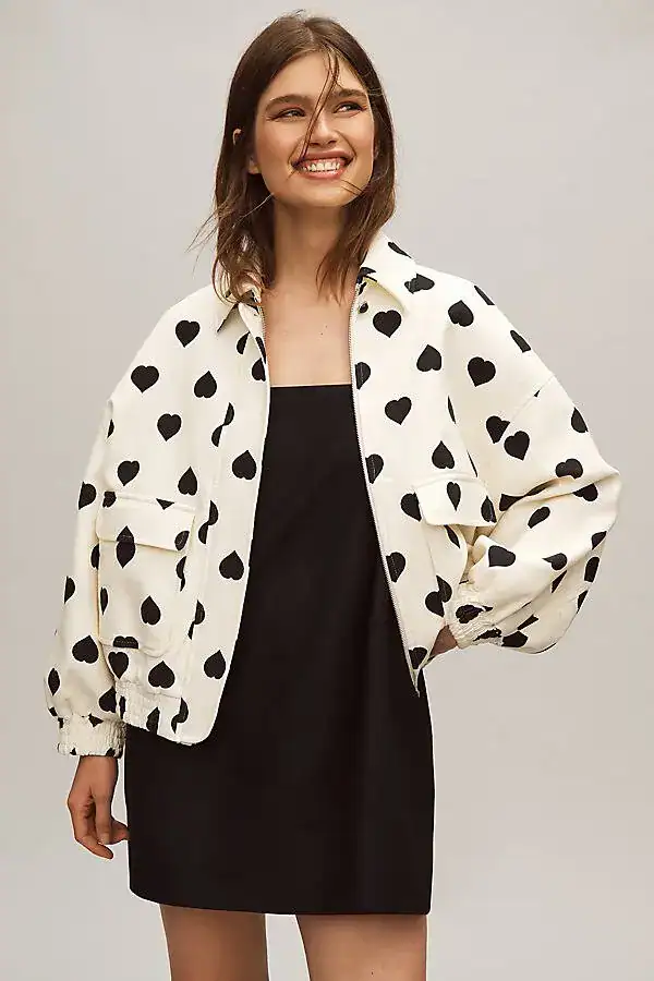 Tara Jarmon Heart-Prt Len Bomber Jacket In Black - 46% Off