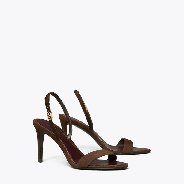 Tory Burch Double T Buckle Heeled Sandal - Dark Cocoa