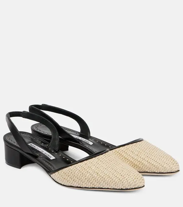 Manolo Blahnik Raffro Raffia Slingback Pumps - Beige