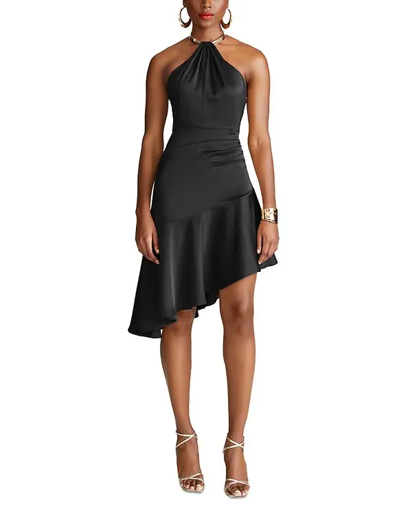 Halston Beverly Asymmetric Satin Halter Dress - Black | Editorialist