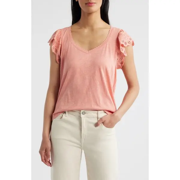 Wit & Wisdom Eyelet Flutter Sleeve Jersey T-shirt - Tg-tangerine