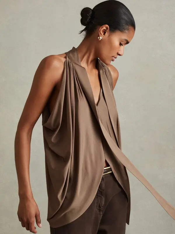 REISS Luisa Draped Tie-neck Top - Dark Mink