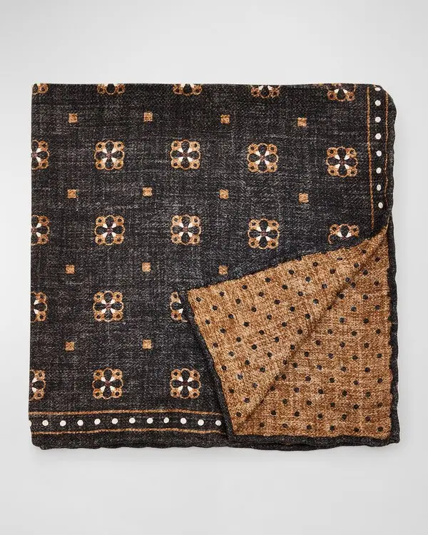 Brunello Cucinelli Geometric Design Silk Pocket Square - Denim Sand