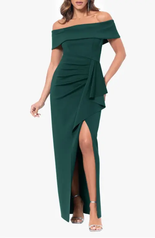XSCAPE EVENINGS Side Ruffle Off-the-shoulder Scuba Knit Gown - Hunter
