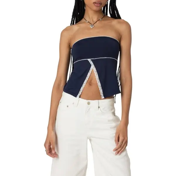 EDIKTED Lace Trim Split Front Tube Top