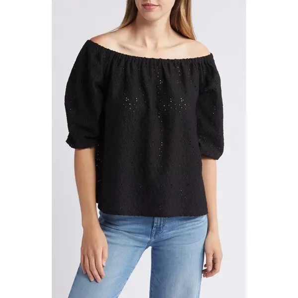Loveappella Off The Shoulder Eyelet Top - Black