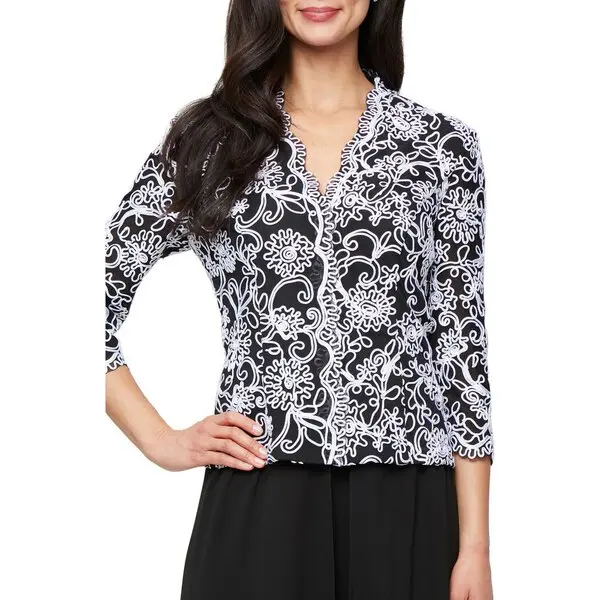Alex Evenings Embroidered Illusion Sleeve Blouse - Black White