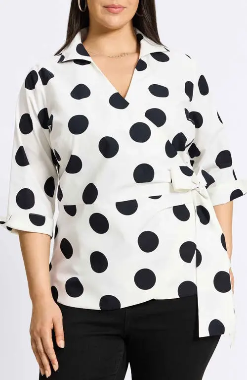 Foxcroft Salina Dot Print Cotton Poplin Wrap Shirt - White/ Black