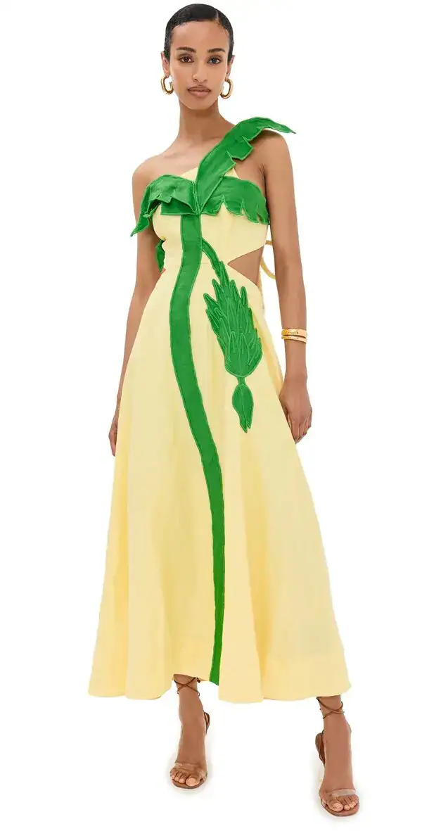 Farm Rio Palm Tree Cutwork Midi Dress In Yellow - 60% Off | Editorialist