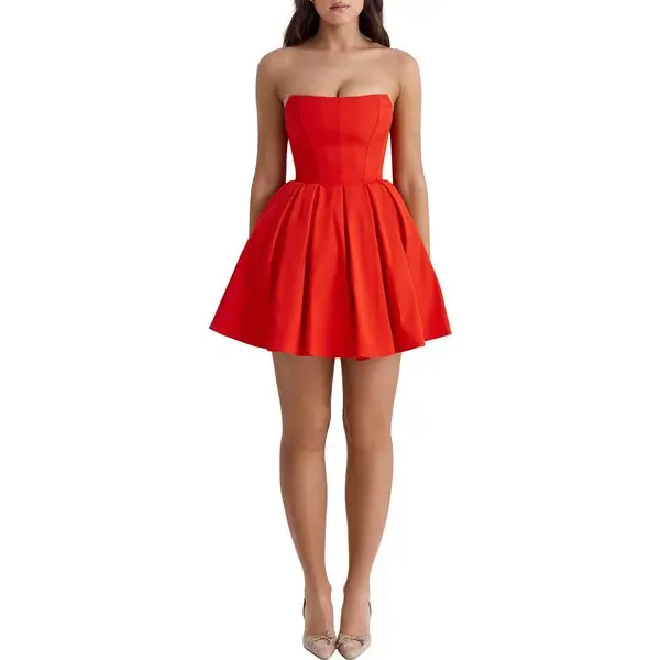 House Of Cb Emmanuela Strapless Corset Fit & Flare Mini Dress - Flame Scarlet