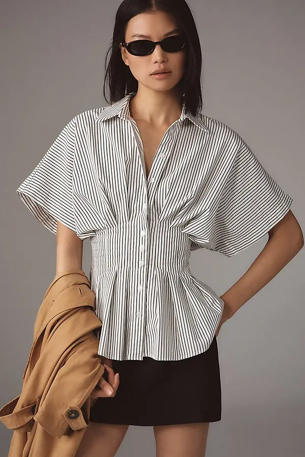 EXQUISE Short-sleeve Pleated Blouse - Beige