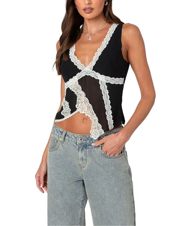 EDIKTED Chiffon & Lace Asymmetric Top - Black And White