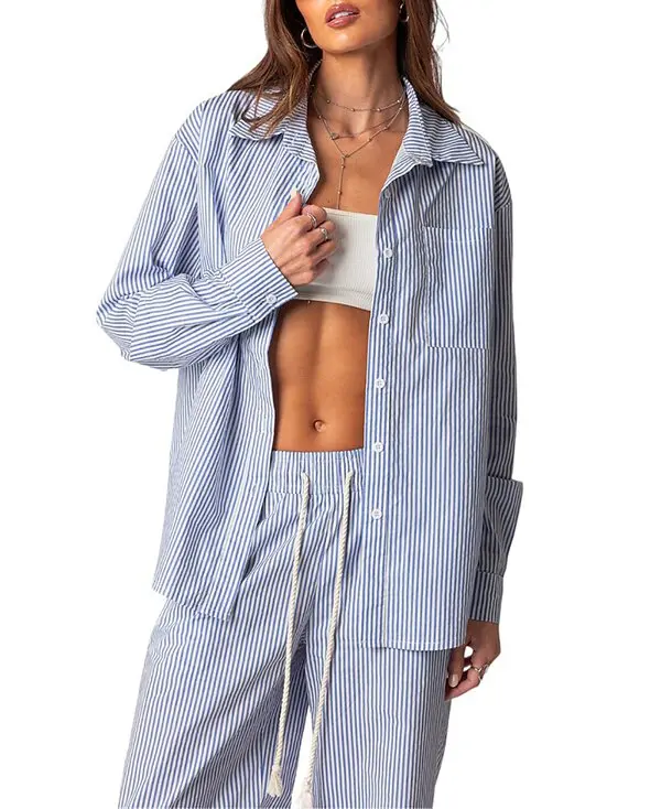 EDIKTED Oversized Pinstripe Button-up Shirt - Blue