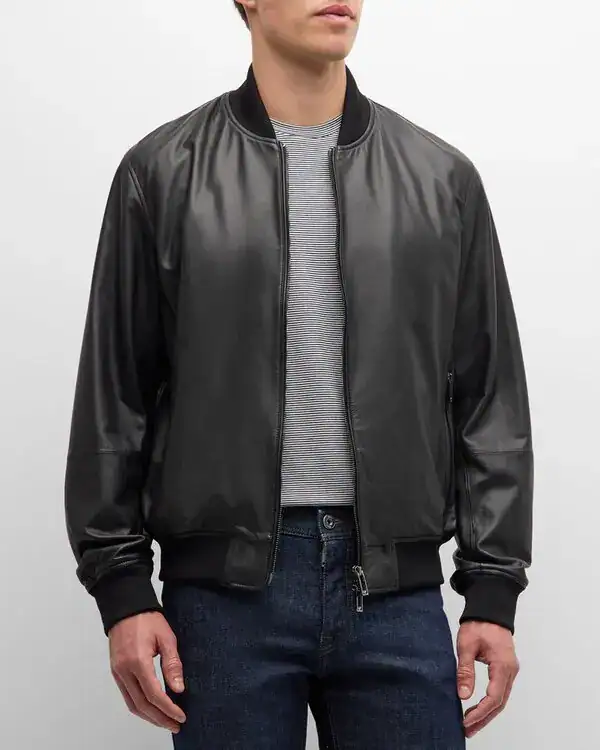 Emporio Armani Leather Bomber Jacket - Black | Editorialist