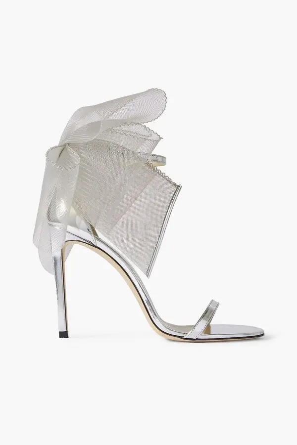 JIMMY CHOO Aveline 100 Bow-embellished Metallic Leather Sandals