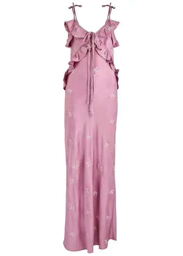 Damson Madder Kiki Bow-Embroidered Satin Maxi Dress - Pink  