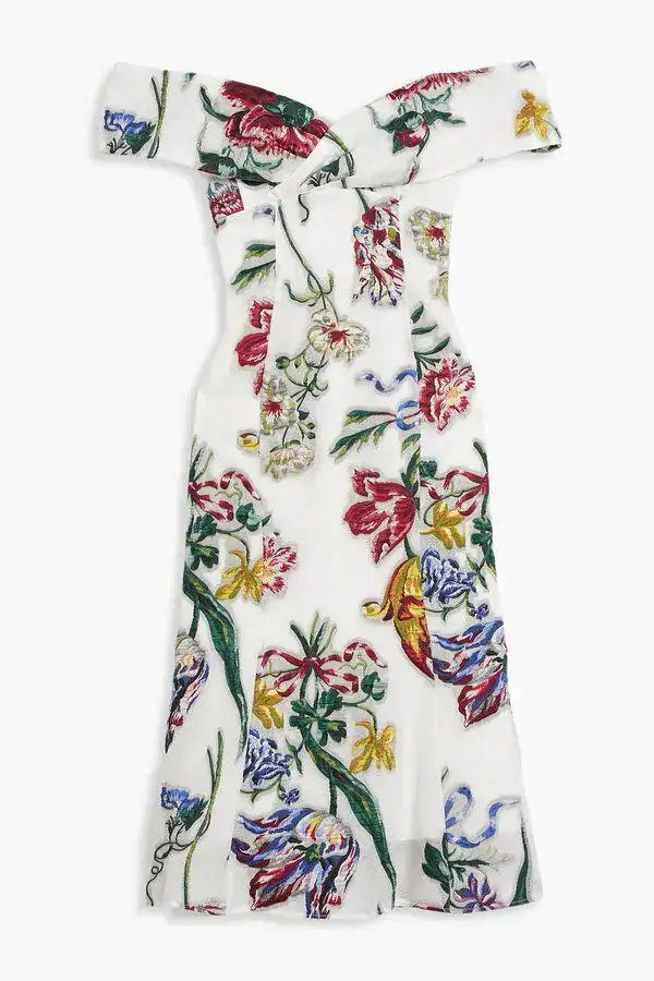 Marchesa Off-The-Shoulder Brocade Midi Dress In Multicolor - 75% Off |  Editorialist