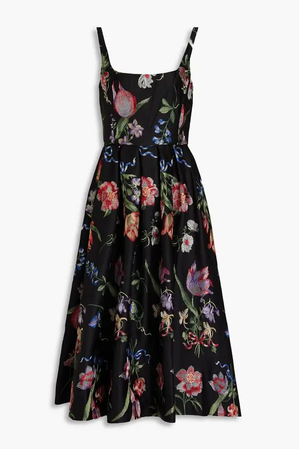 Marchesa Embroidered Duchess-satin Midi Dress - Black