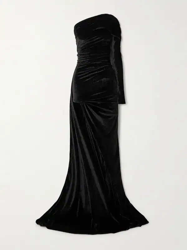 Balenciaga Velvet Asymmetric Draped Dress In Black | Editorialist