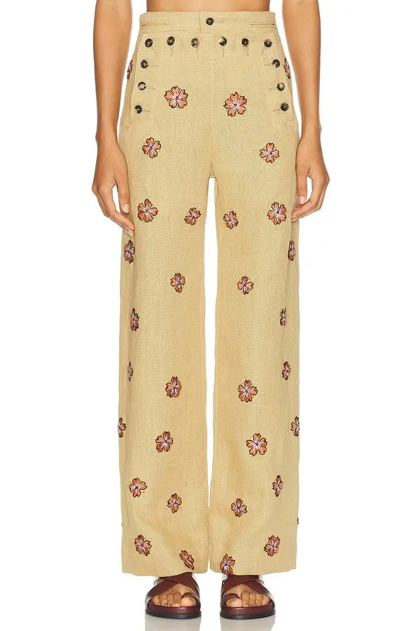 BODE Embroidered Wax Flower Trouser - Tan Multi