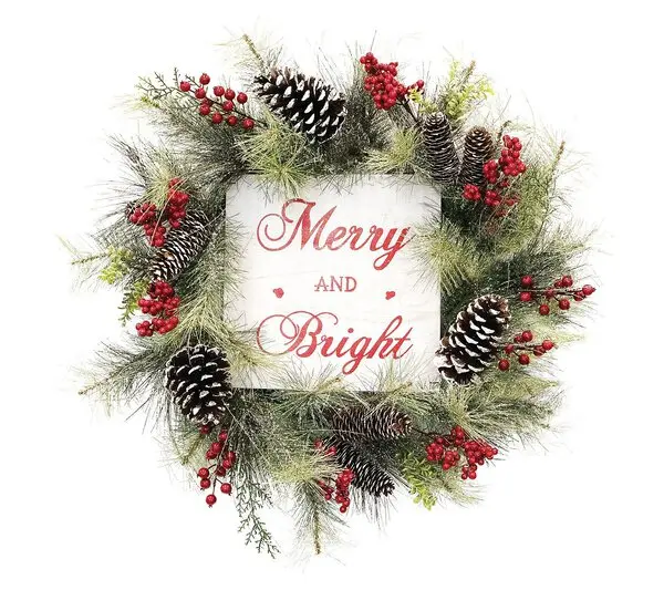 FRASER HILL FARM 26-inch Frosted Wreath With Pi Necones, Red Be