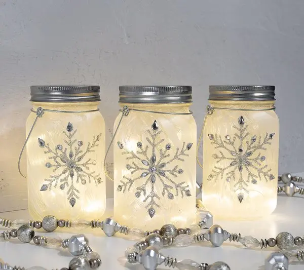 LUMABASE 3ct Battery-operated Snowflake Glass M Ason Jars