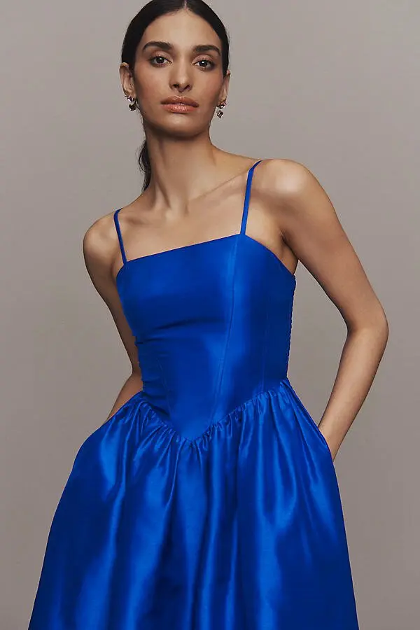 hutch eddi sleeveless straight-neck shantung drop-waist a-line midi dress Red Ruched Drop Waist Thalia Midi Dress main image 1