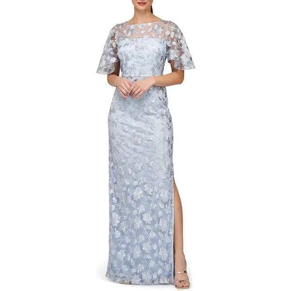 Js Collections Brooke Floral Embroidered Gown - Silver/ Azure