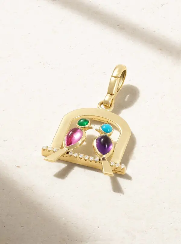 JENNA BLAKE Rainbow Love Birds 18-karat Multi-stone Pendant - Gold