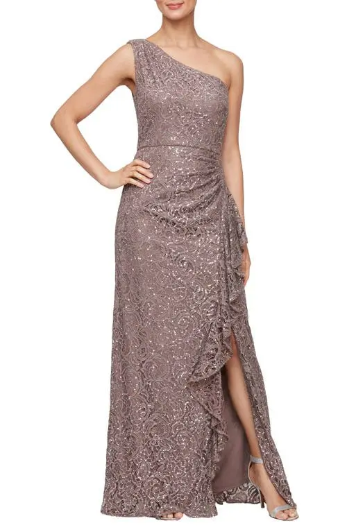 Alex Evenings One-shoulder Sequin Lace Gown