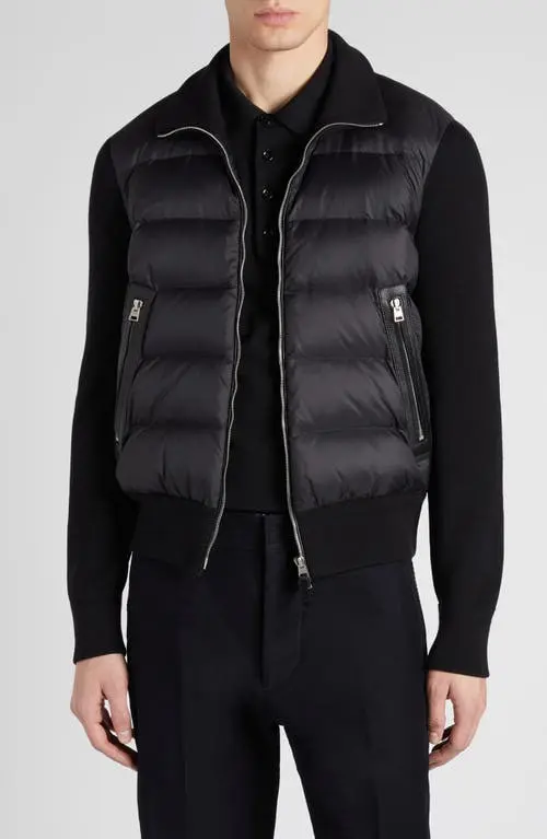 TOM FORD Mixed Media Puffer Front Merino Wool Cardigan - Lb999 Black