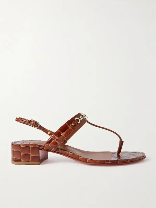CHRISTIAN LOUBOUTIN Mj Embellished Croc-effect Patent-leather Sandals - Brown