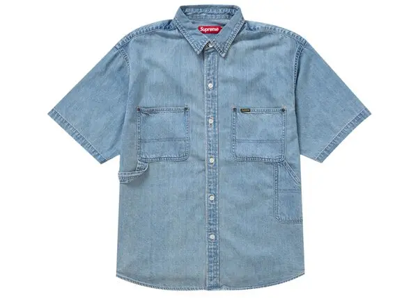 Supreme Loose Fit Short Sleeve Denim Painter Shirt - Washed Blue