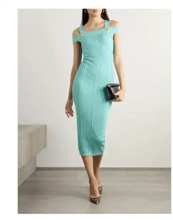 Balmain Cold-Shoulder Button-Embellished Ribbed-Knit Midi Dress - Turquoise  | Editorialist