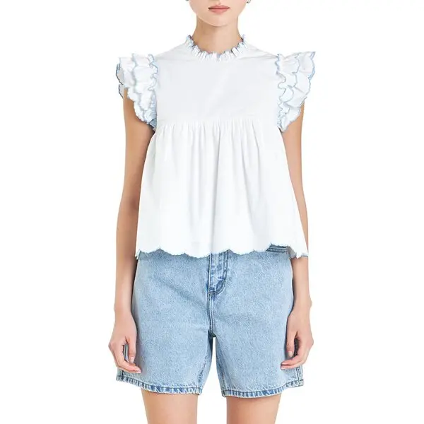 English Factory Scallop Ruffle Cotton Top