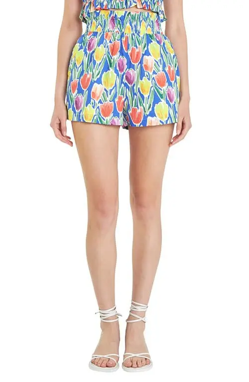 English Factory Tulip Print Ruffle Cotton Shorts