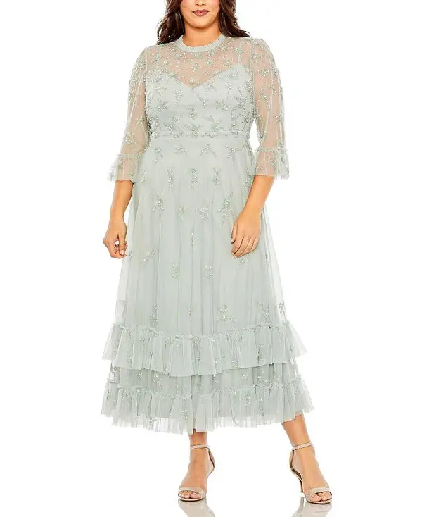 Mac Duggal Plus Flutter Sleeve Embellished High Neck Dress - Sage