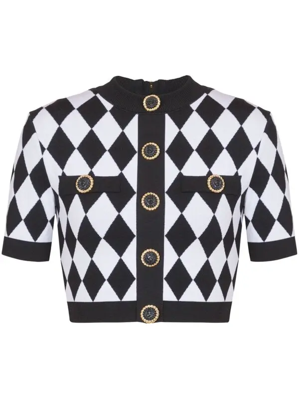 Balmain Diamond-jacquard Knitted Top - White