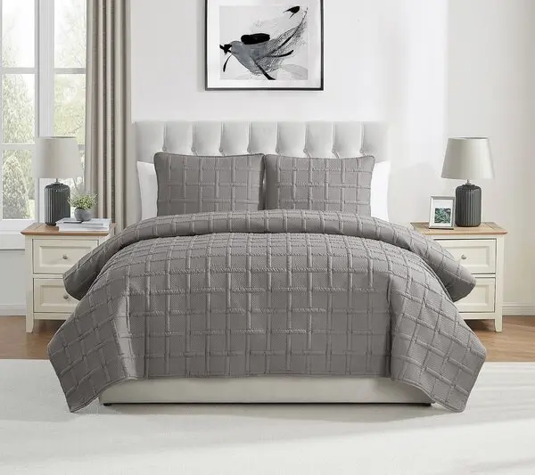 VCNY HOME Solid 3pc Square Textured Quilt Set, Ull/ Queen