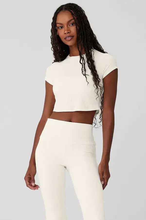 Alo Yoga Ribbed Sea Coast Cropped Short Sleeve T-Shirt In White