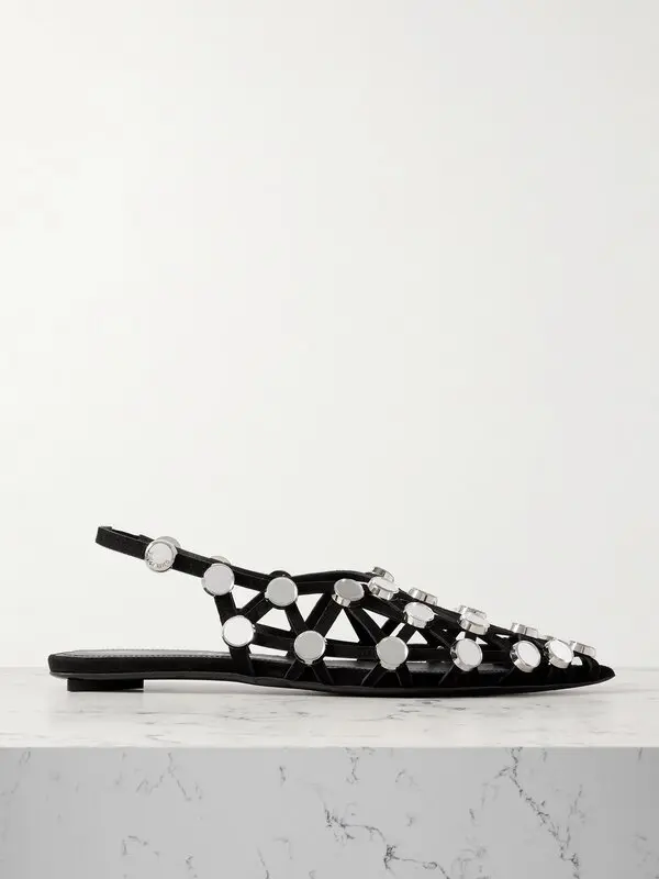Attico Grid Studded Suede Slingback Flats - Black