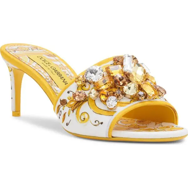 Dolce & Gabbana Majolica Print Embellished Slide Sandal - Azulejos Giallo
