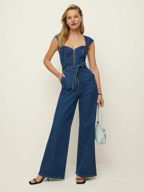 REFORMATION Calypso Wide Leg Denim Jumpsuit