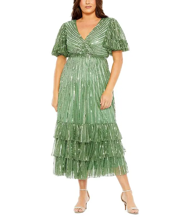 Mac Duggal Beaded Faux Wrap Flutter Sleeve Ruffle Dress