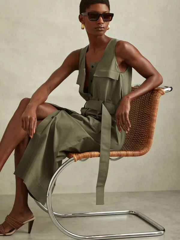 REISS Elin Utility Belted Midi Dress - Sage