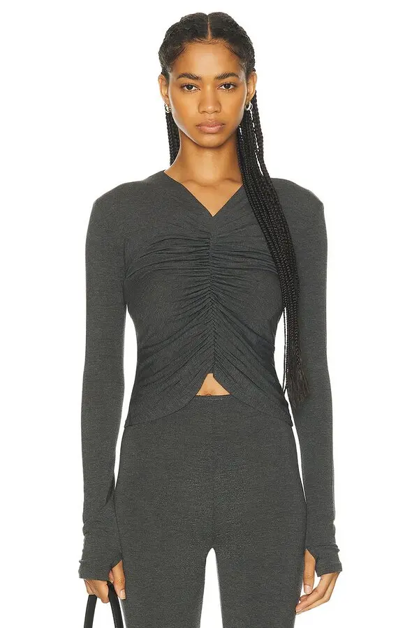 Norma Kamali Long Sleeve V Neck Shirred Front Top