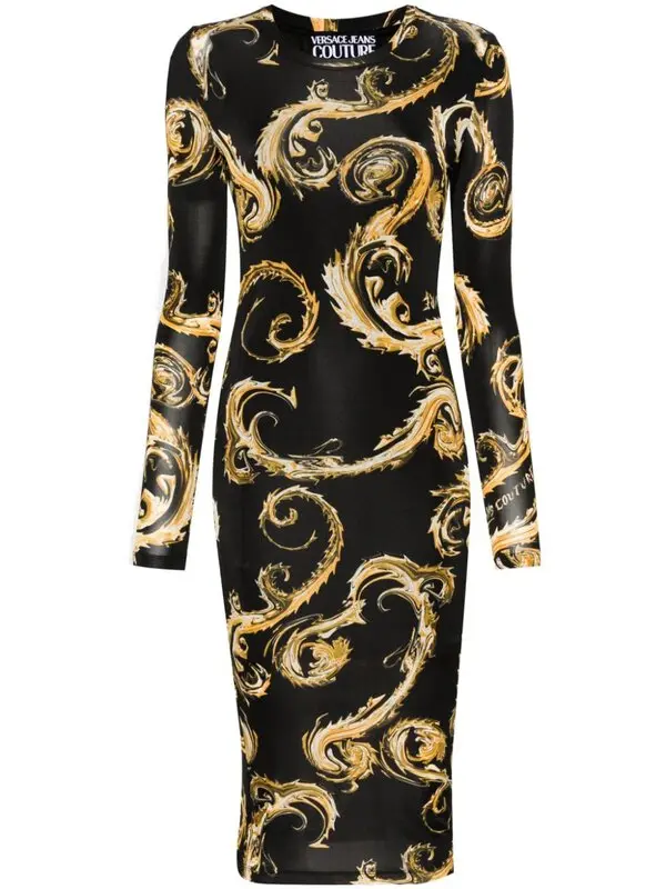 Versace Chromo Couture-print Midi Dress - Black